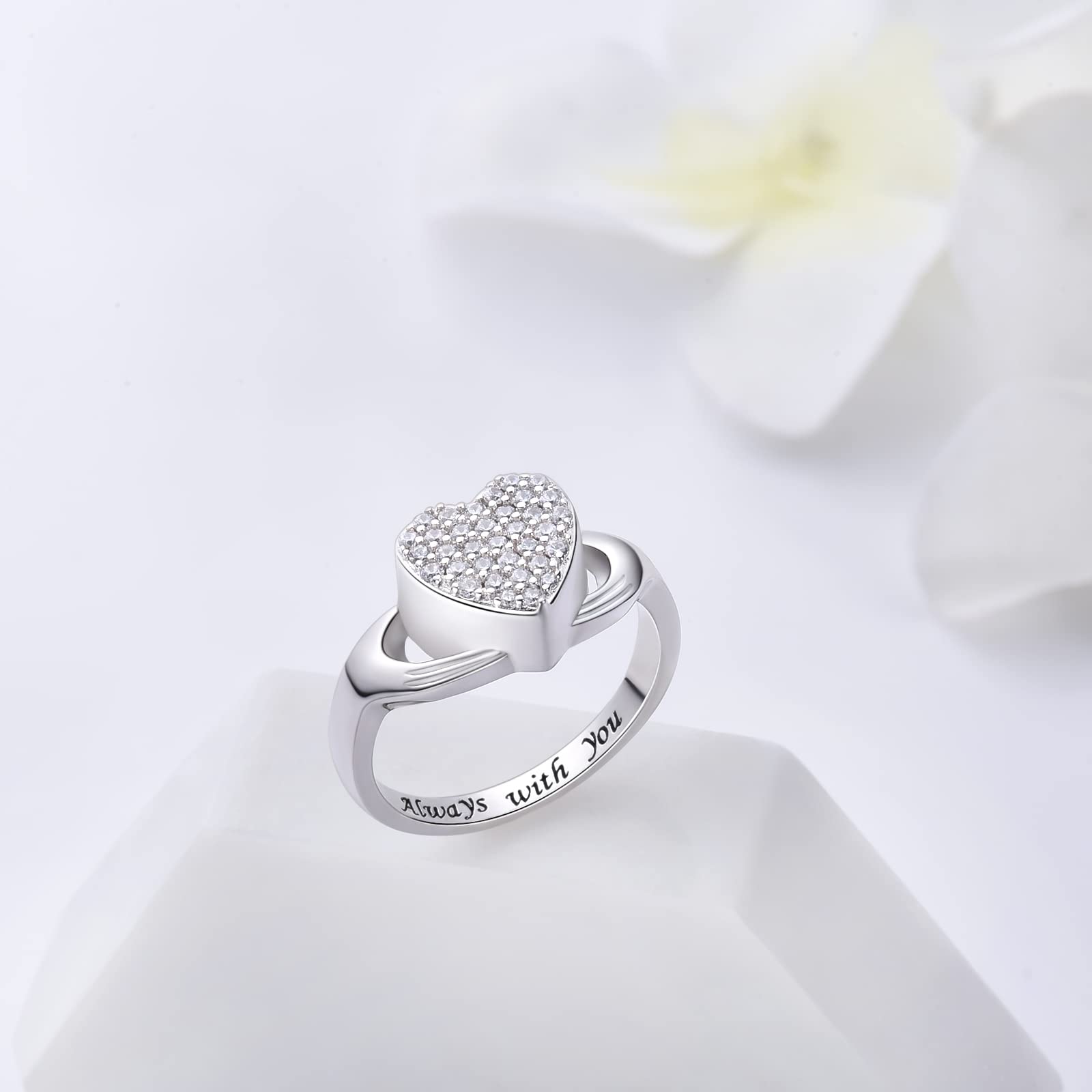 Heart Urn Ring for Ashes Keepsake Rings with Cubic Zirconia Sterling Silver Hug Ring for Ashes for Women(6)