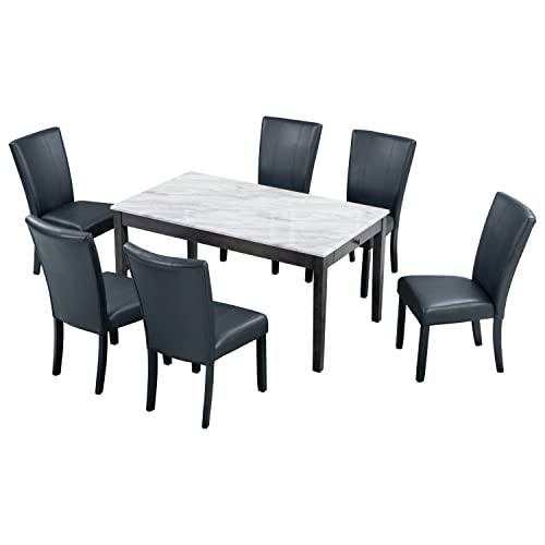 YUNLife 7-Piece Kitchen Dining 6, Faux Marble Rectangular Table with PU-Leather Chairs & 2 Drawers for Living Room, Breakfast Nook, Dinette Furniture Sets, Black59.7βx34.5βx30β