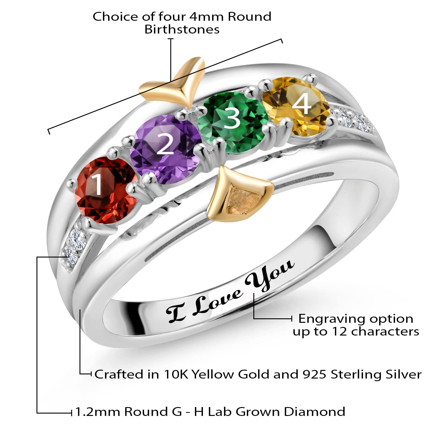 Gem Stone King 925 Sterling Silver and 10K Yellow Gold Engraving Customized and Personalized Build Your Own 4-Stone 4MM Round Birthstones and White G-H Lab Grown Diamond Band Ring For Women (Size 8)