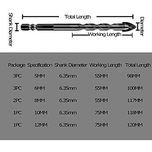 JOERIC Masonry Drill Bit Set, 10 Pieces Concrete Drill Bits Set Ceramic Drill Bit Carbide for Ceramic Tile, Plastic, Wall, Brick, Cement, Concrete, Wood with Size 5mm to12mm