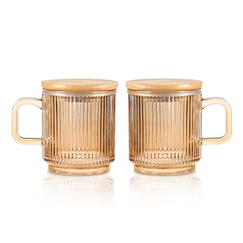 Joeyan Amber Glass Coffee Mugs Set of 2-11.5 oz Striped Coffee Cups with Lid - Large Drinking Glasses with Handle for Latte, Coffee, Tea, Milk, Juice