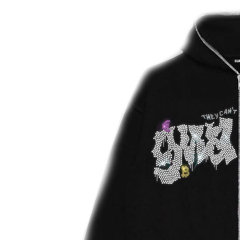 Faretumiya Women Men Rhinestone Hoodie Y2k Graphic Zip Up Unisex Sweatshirt Sparekly Oversized Pullover Jacket Streetwear(black two,Medium)