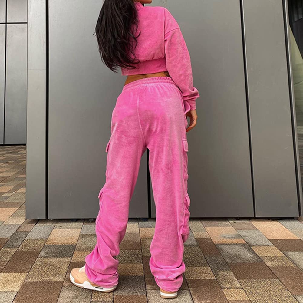 HBER Women's 2 Piece Velour Tracksuit Set Solid Color Long Sleeve Zipper Cropped Jacket and Sweatpants Y2K Sweatsuit Set