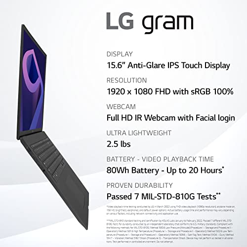 LG gram (2022) 15Z90Q Ultra Lightweight Laptop, 15" (1920 x 1080) IPS Display, Intel 12th Gen i7 1260P Processor, 32GB LPDDR5, 1TB NVMe SSD, FHD Webcam, WiFi 6E, Thunderbolt 4, Windows 11, Black