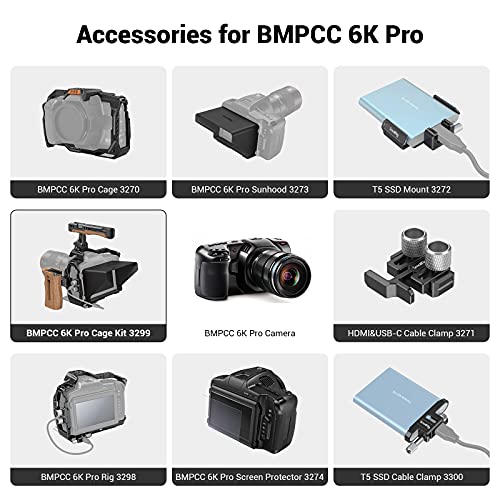 SMALLRIG Camera Cage Accessory Kit for BMPCC 6K Pro / 6K G2, with Top Handle Wooden Side Handle Cable Clamp for HDMI SSD Clamp Sunhood NATO Rail Screen Protector for BMPCC 6K Pro / 6K G2-3299