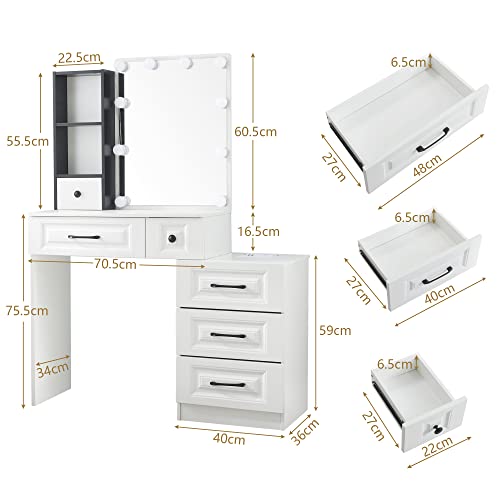 YAMISSI Vanity Desk with Mirror and Lights, USB Charging Station Vanity Table Set with Cushion Stool, Hollywood Dressing Table with 6 Storage Drawers, 3 Colors LED Bulbs for Grils and Women