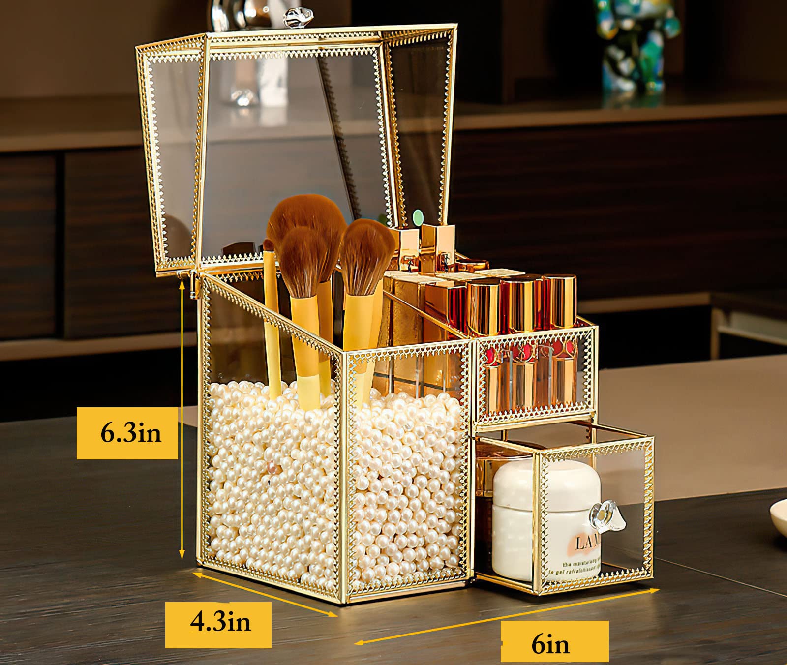 Large Glass Makeup Organizer Drawer Set Beauty Storage Bathroom Counter Organizer Cosmetic Display Jewelry Display Holder with 1300 pearls (16inx8.3inx4.3in)
