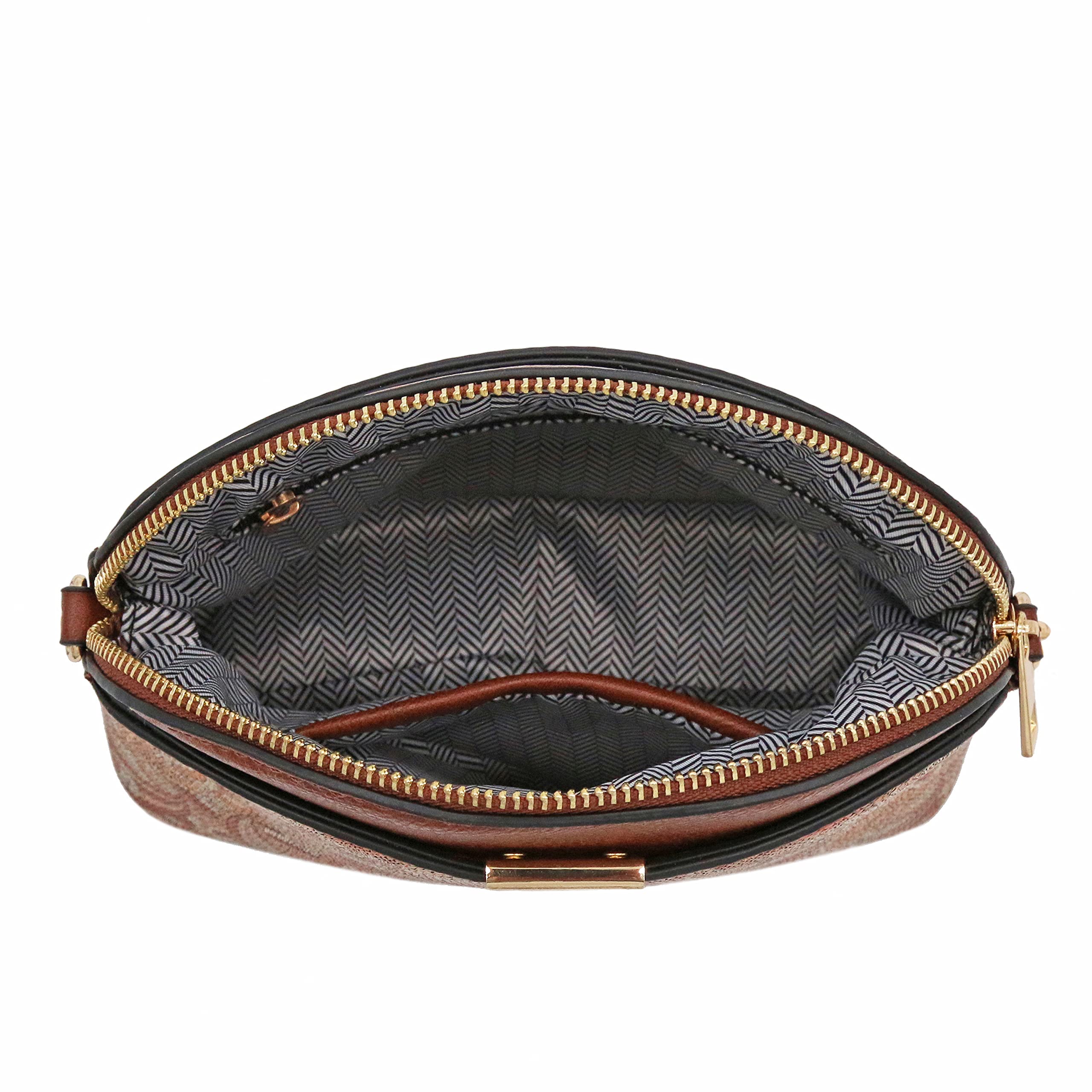 FashionPuzzle Paisley Print Small Dome Crossbody with Chain Strap (Brown/Brown)
