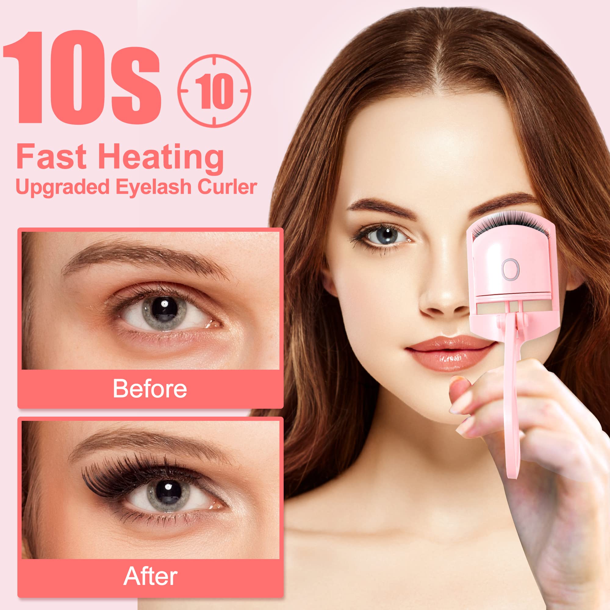 Heated Eyelash Curler, Eye Lash Curler, USB Rechargeable Electric Eyelash Curlers, 2 Heating Modes Quick Charging Natural Curling Eye Lashes for Long Lasting Pink