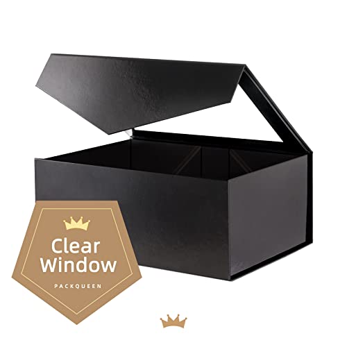 PACKQUEEN Gift Box with Window, 9x6.5x3.8 Inches, Black Gift Box for Present Contains Ribbon, Card, Groomsman Proposal Box, Gift Box with Magnetic Lid (Glossy Black)