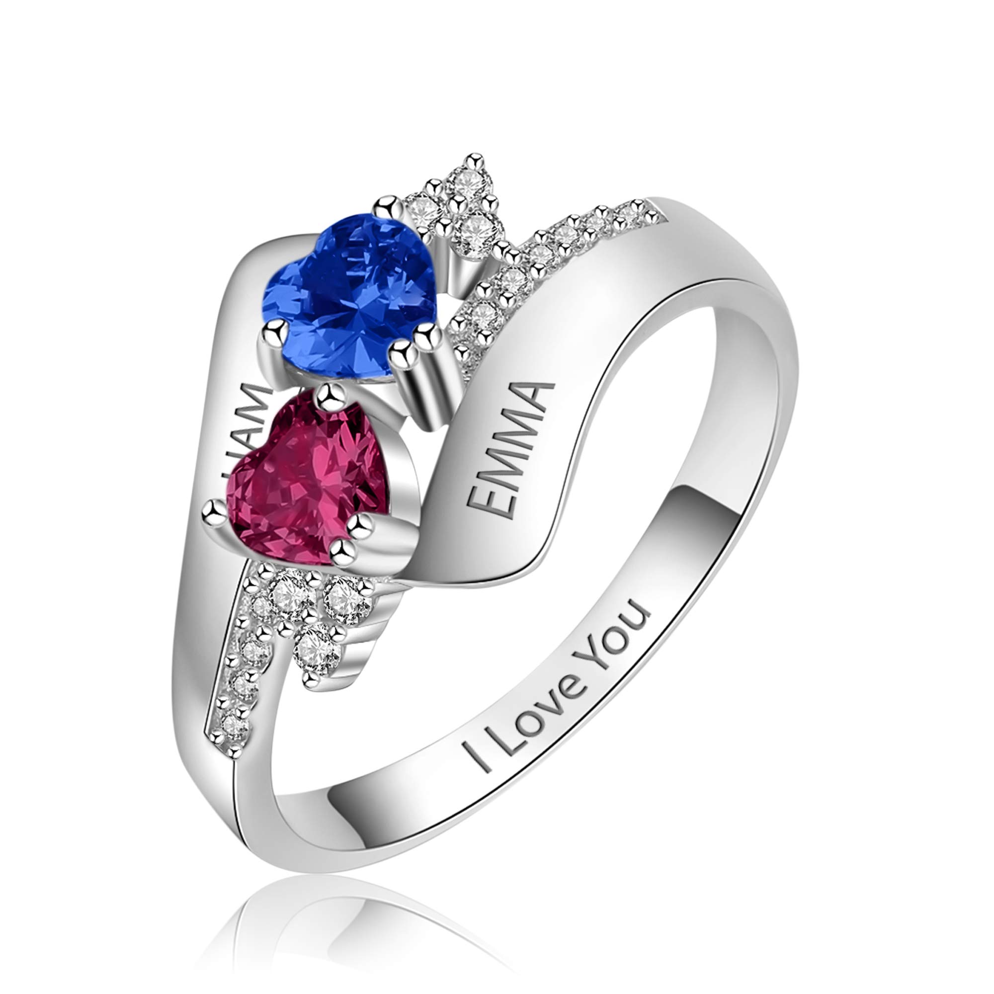 GLAMCARAT Sterling silver Personalized Promise Ring Women’s Stone Rings Heart Shaped Name Rings customized engraved name mothers ring with 2 birthstones