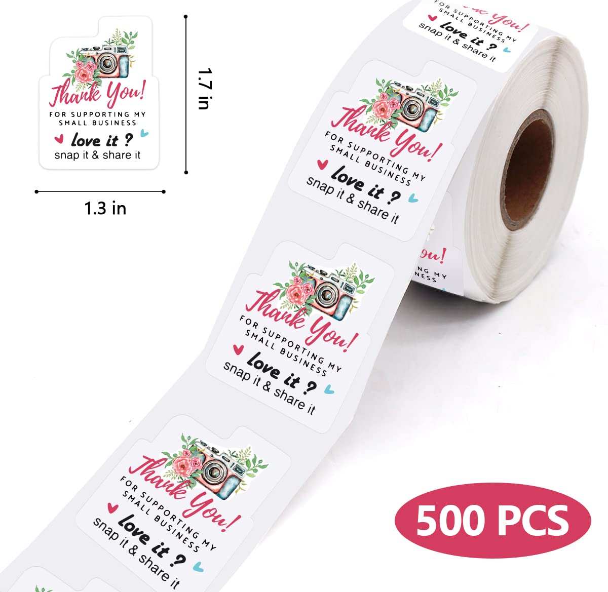 WHING Thank You for Supporting My Small Business Cute Retro Camera Design Flower Stickers Labels, Order Packages Envelope Seals Decorative Label Ideal for Business Gift Bags and Retailers, 500pcs