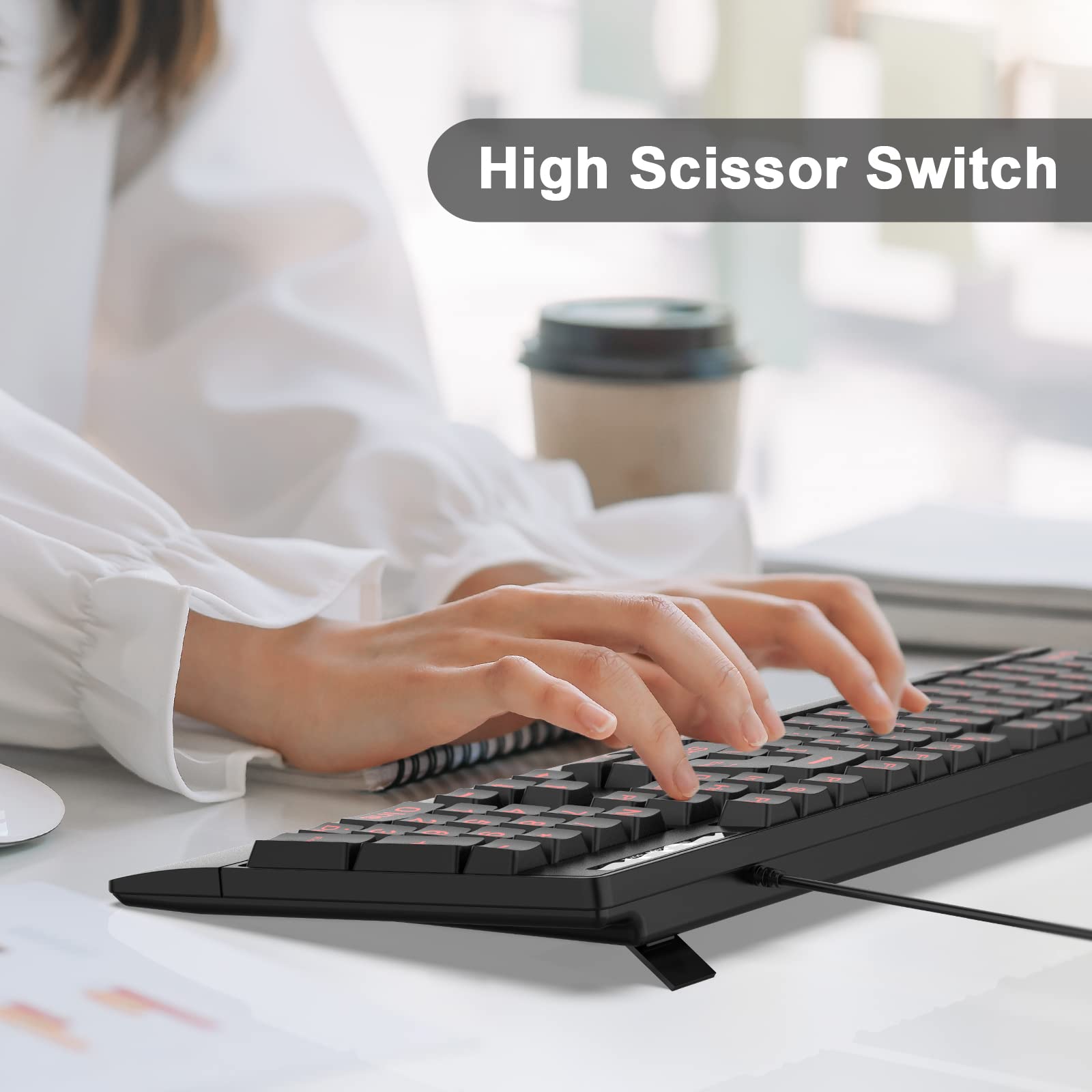 Large Print Keyboard Backlit, Wired USB High Contrast Keyboard, Full Size Large Font Print Keyboard with White Illuminated LED Compatible for Kids Elderly or Visually Impaired