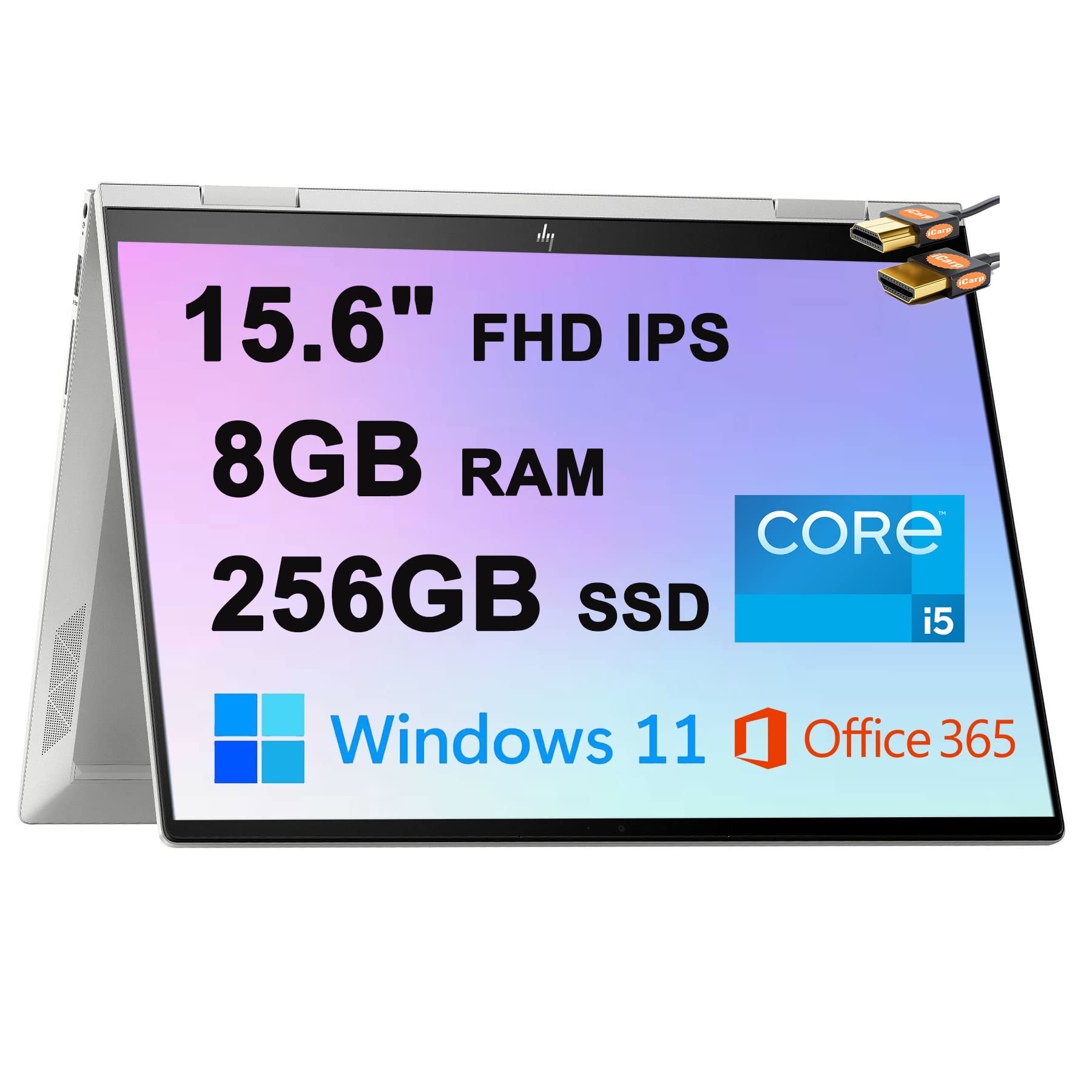 HP Envy X360 15 2-in-1 Laptop 15.6" FHD IPS Touchscreen 12th Gen Intel 10-Core i5-1235U 8GB RAM 256GB SSD Intel Iris Xe Graphics Backlit Keyboard USB-C HDMI Office365 Win11 Silver + HDMI Cable