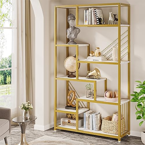 Tribesigns 70.9 Inches Tall Bookshelf, White and Gold Bookcase, Modern Display Shelf with Faux Marble Shelves, 8-Tier Staggered Bookshelf Decorative Shelf for Living Room, Office