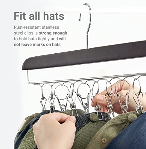 Mkono Hat Organizer Hanger for Closet Set of 3 Wooden Hat Racks for Baseball Caps with 30 Stainless Steel Clips, Baseball Hat Organizer Holder for Closet Storage, Fits All Caps, 3 Pieces
