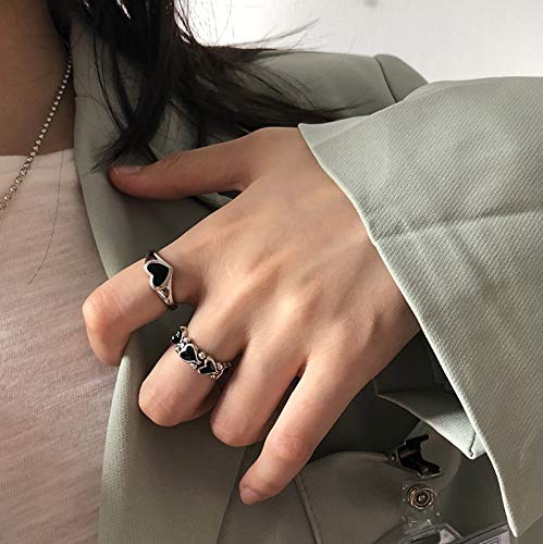 Gothic Vintage Ring Set Y2k Black Heart Stackable Retro Punk Open Knuckle Finger Ring for Women Girls