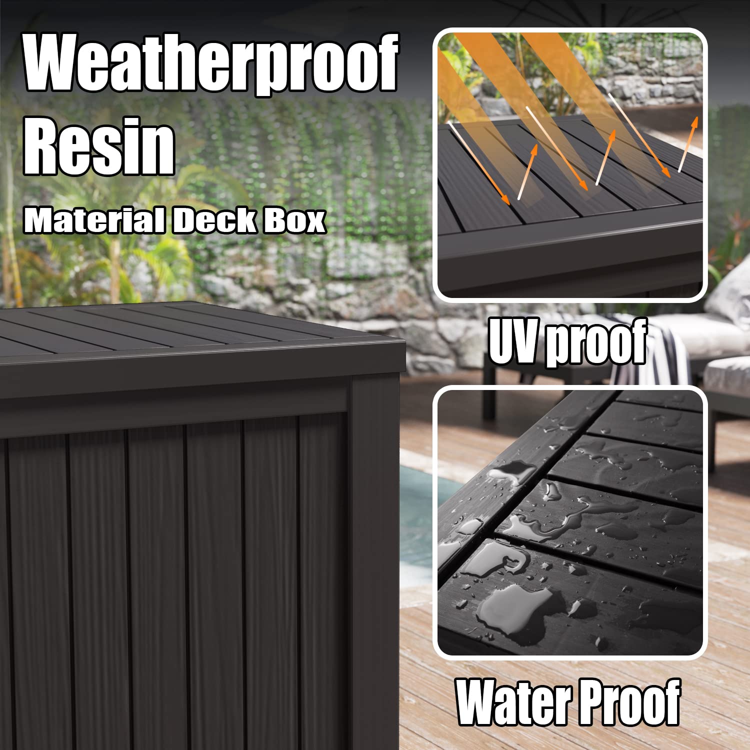 Greesum 150 Gallon Resin Deck Box Large Outdoor Storage for Patio Furniture, Garden Tools, Pool Supplies, Weatherproof and UV Resistant, Lockable, Black