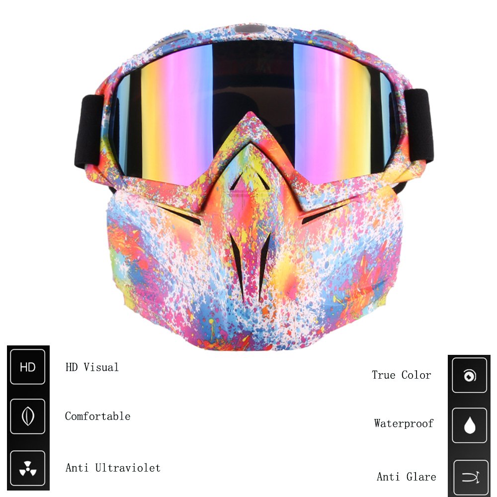 Eoncore Motorcycle Goggles Mask Detachable, Windproof Protect Padding Helmet Sunglasses Ski Goggles Road Riding UV Motorbike Glasses (Graffiti)