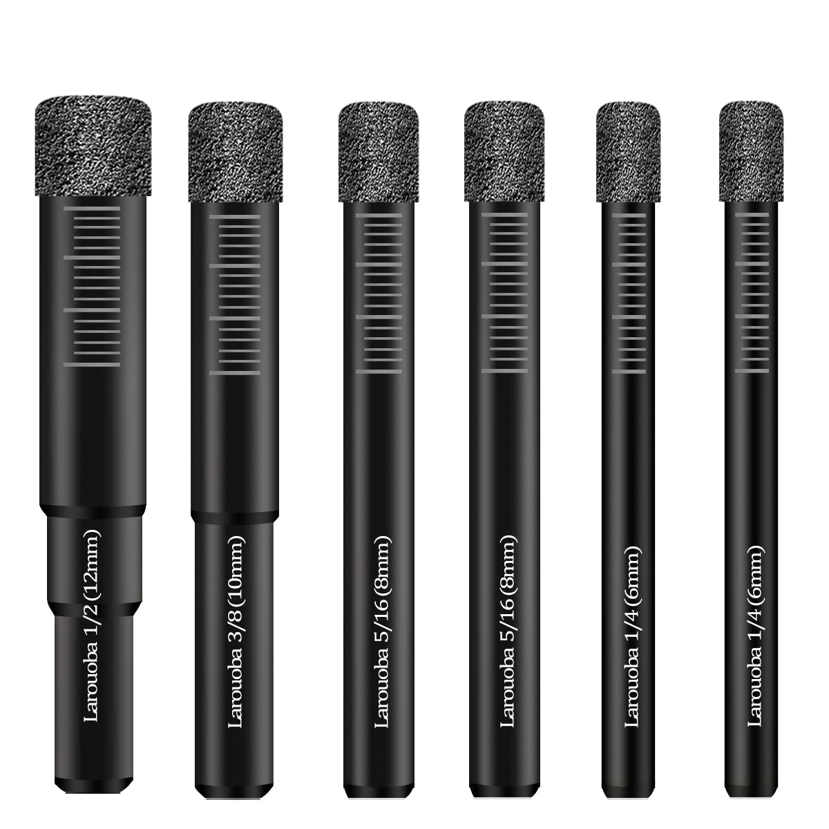 Larouoba 6PC Dry Diamond Drill Bits Set, Diamond Core Drill Bits for Tile Ceramic Granite Marble Porcelain Stone Glass Hard Materials (not for Wood) Round Shank 1/4, 5/16, 3/8, 1/2 inch.