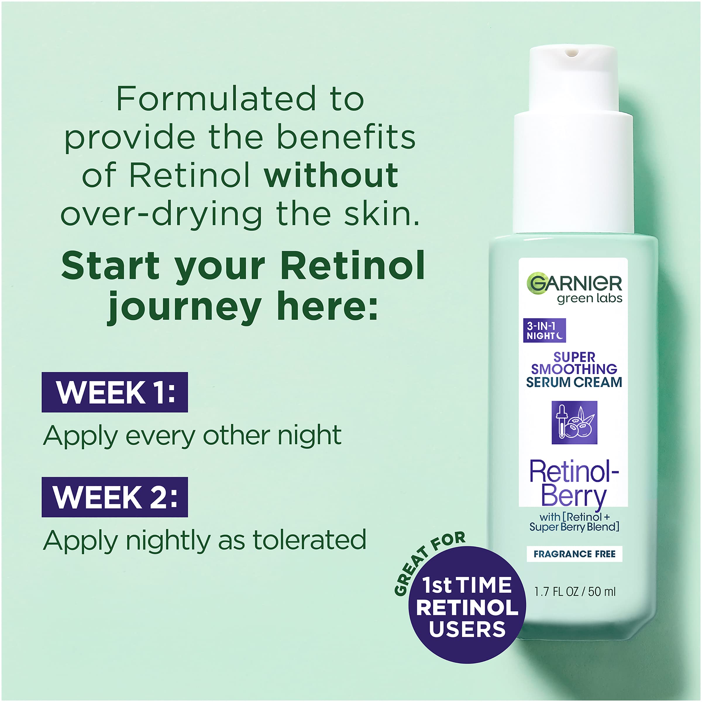 Garnier Green Labs Retinol-Berry Super Smoothing Night Serum Cream Moisturizer, 3-in-1 Retinol Serum, Night Cream, Eye Cream, 1 kit