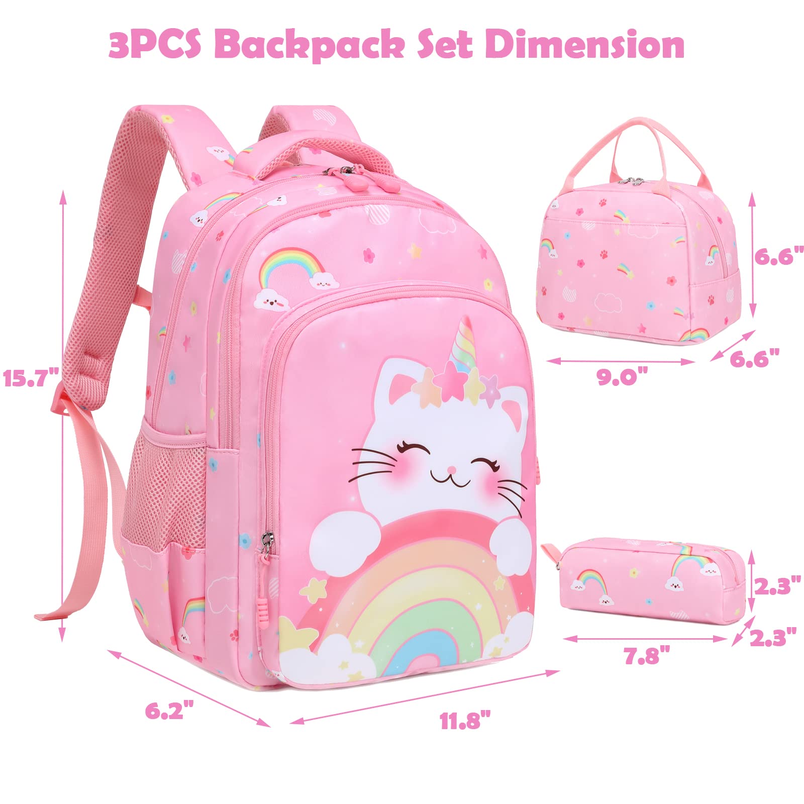 Girls Backpack with Lunch Bag Set, 3PCS Pink Unicorn Cat School Backpack with Pencil Case Large Capacity School Bookbags with Chest Strap for Preschool Kindergarten Elementary Girls