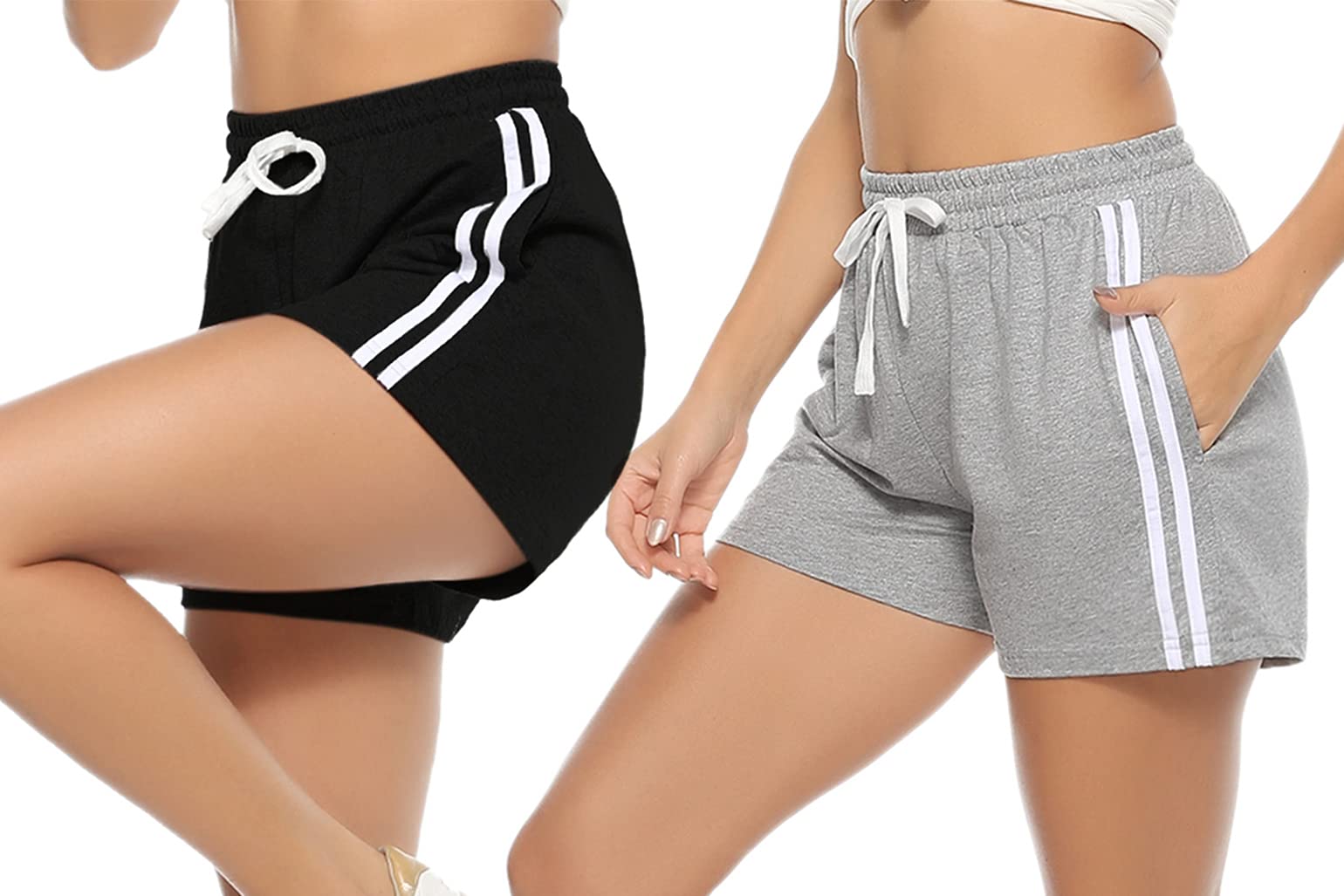 Frolitre Womens Sweat Shorts Casual Summer Athletic Shorts Elastic Comfy Shorts High Waist Shorts with Side Stripes Black
