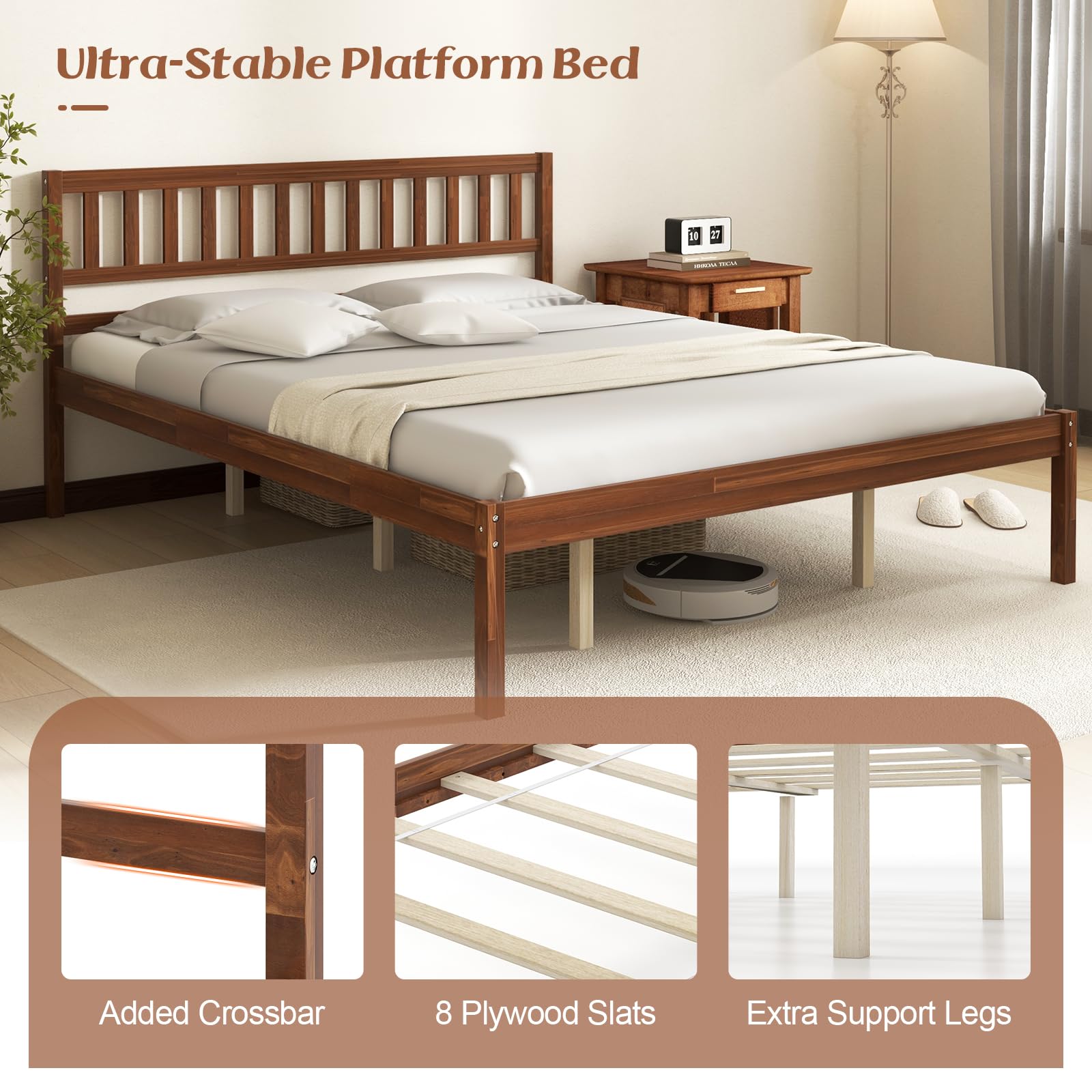 KOMFOTT Queen Size Wood Platform Bed Frame with Headboard, 16-Inch Mid-Century Wooden Bed Frame with Slats Support & 12β Under Bed Storage Space, Retro Mattress Foundation, No Box Spring Needed