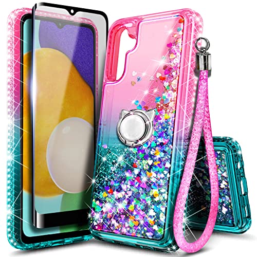 NZND Case for Samsung Galaxy A13 5G with Tempered Glass Screen Protector (Maximum Coverage), Ring Holder/Wrist Strap, Glitter Liquid Floating Waterfall Durable Girls Cute Phone Case (Pink/Aqua)