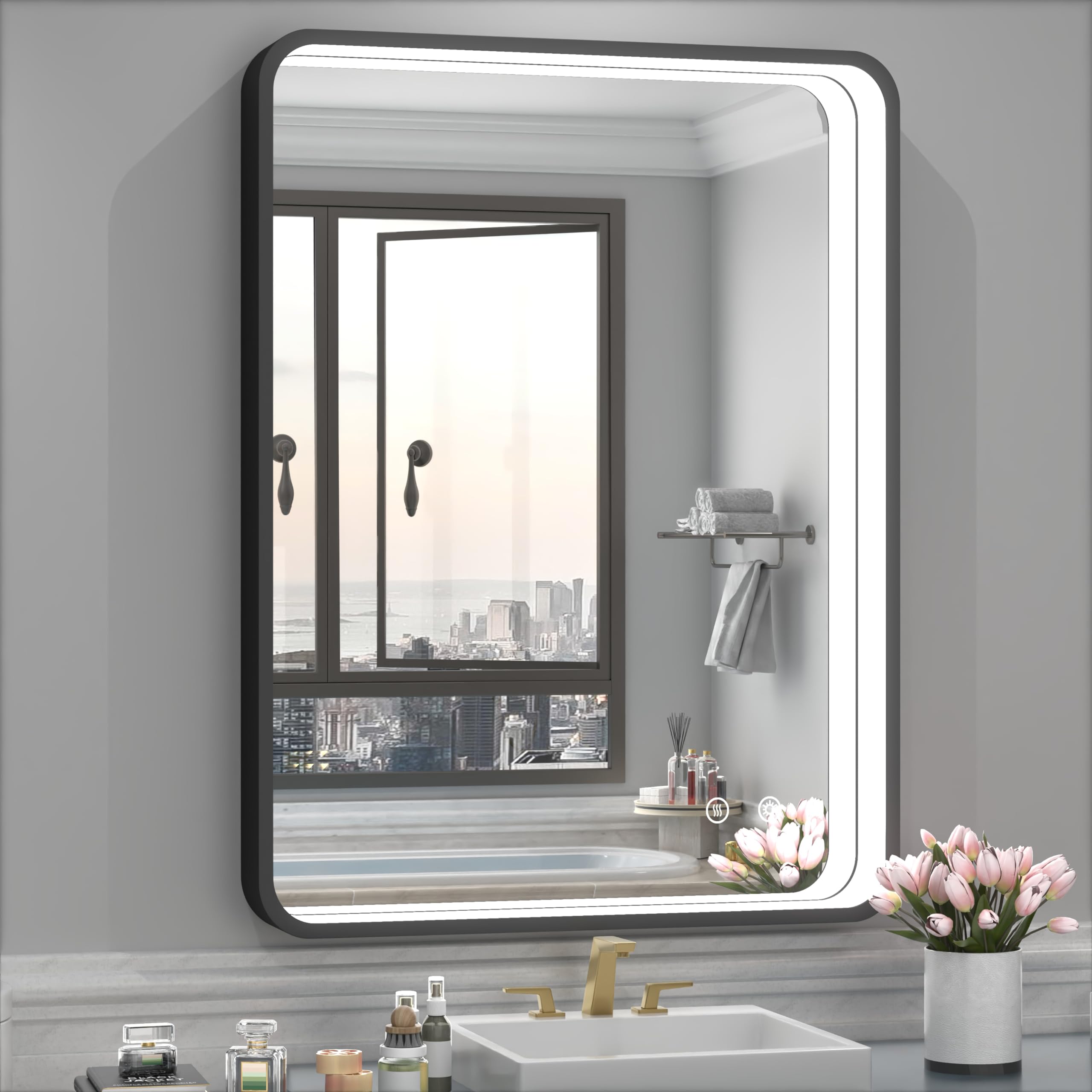 JSneijder 24x32 Inch Black LED Bathroom Mirror, Black Framed Vanity Mirror with Lights, Anti-Fog Bathroom Mirror, Wall Mounted Dimmable Lighted Bathroom Mirror(Horizontal/Vertical)