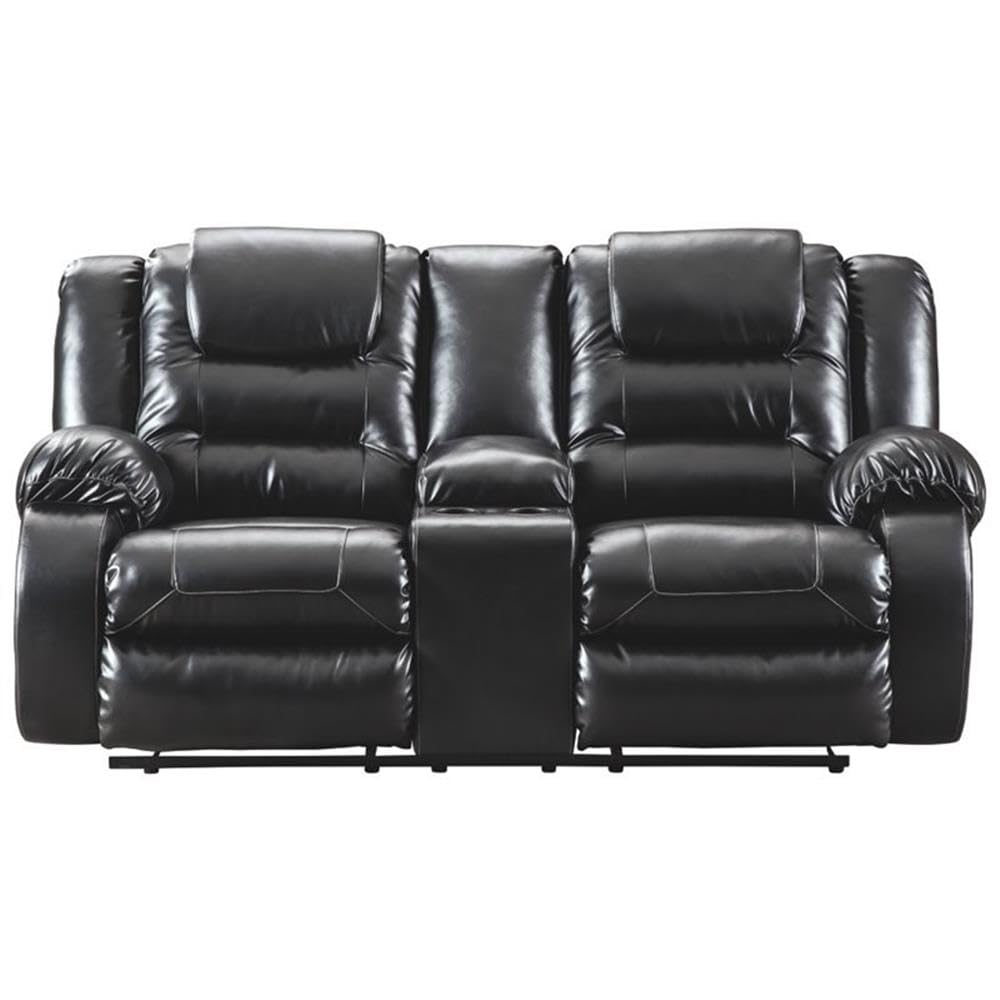 Signature Design by Ashley Vacherie Faux Leather Manual Pull-Tab Double Reclining Loveseat with Center Console, Black
