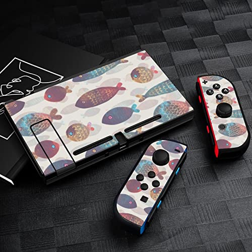 Funny Colorful Watercolor Fish Art Cute Skin Decal Stickers Compatible with Switch Protective Faceplate Full Set Console