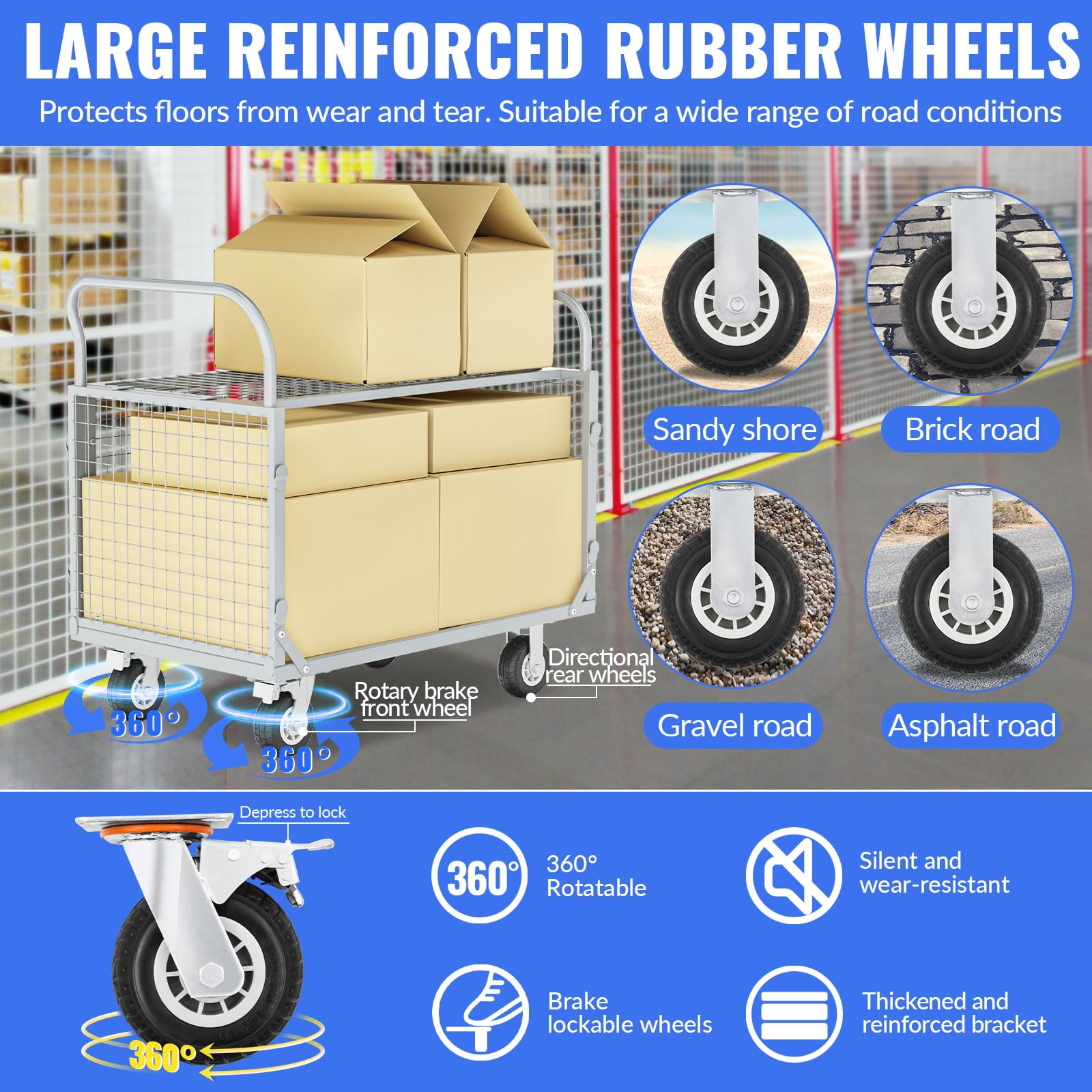 Platform Truck Cart with Cage,5in1 Heavy Duty Flatbed Cart, Foldable Hand Truck Flat Cart, Load 2500LB with 4 Swivel Casters,Multi-Functional Push Cart for Grocery, Laundry, Shelving, Pantry