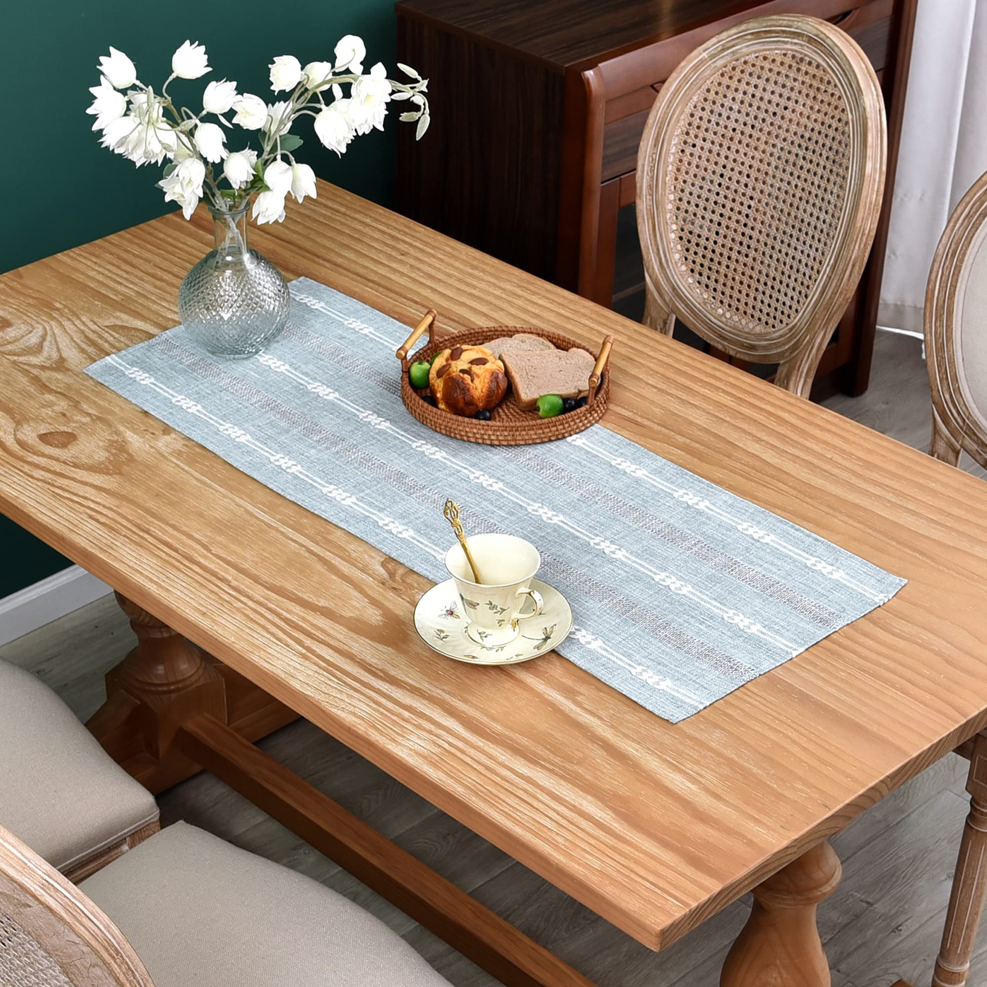 Farmhouse Braided Striped Linen Table Runner Rustic Hollow Woven Embroidered Boho Rectangle Table Runners for Dining Table Dresser Decor Grey and Blue 13x36inch
