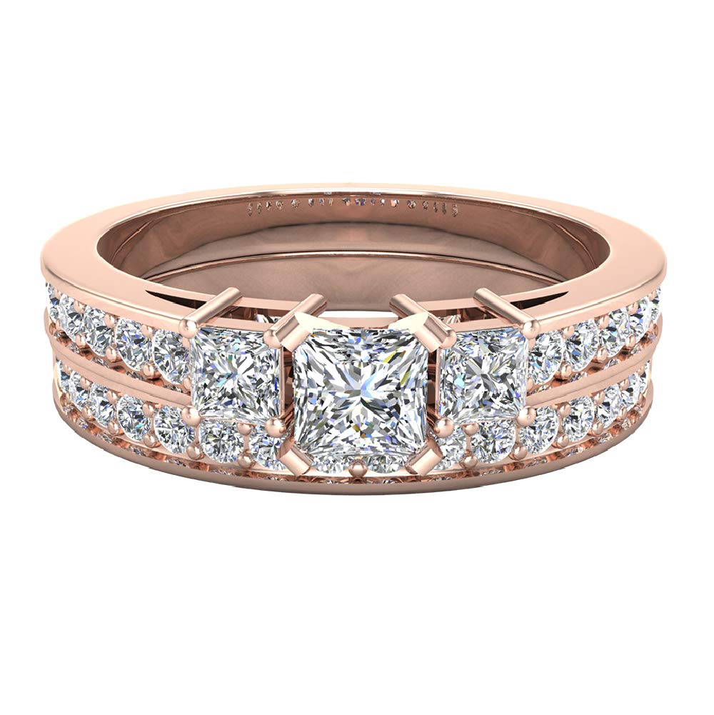 Glitz Design Wedding Ring Set for Women Princess Cut Past Present Future Bridal Set 14K Rose Gold 1.06 carat (G,I1) (RS 9)