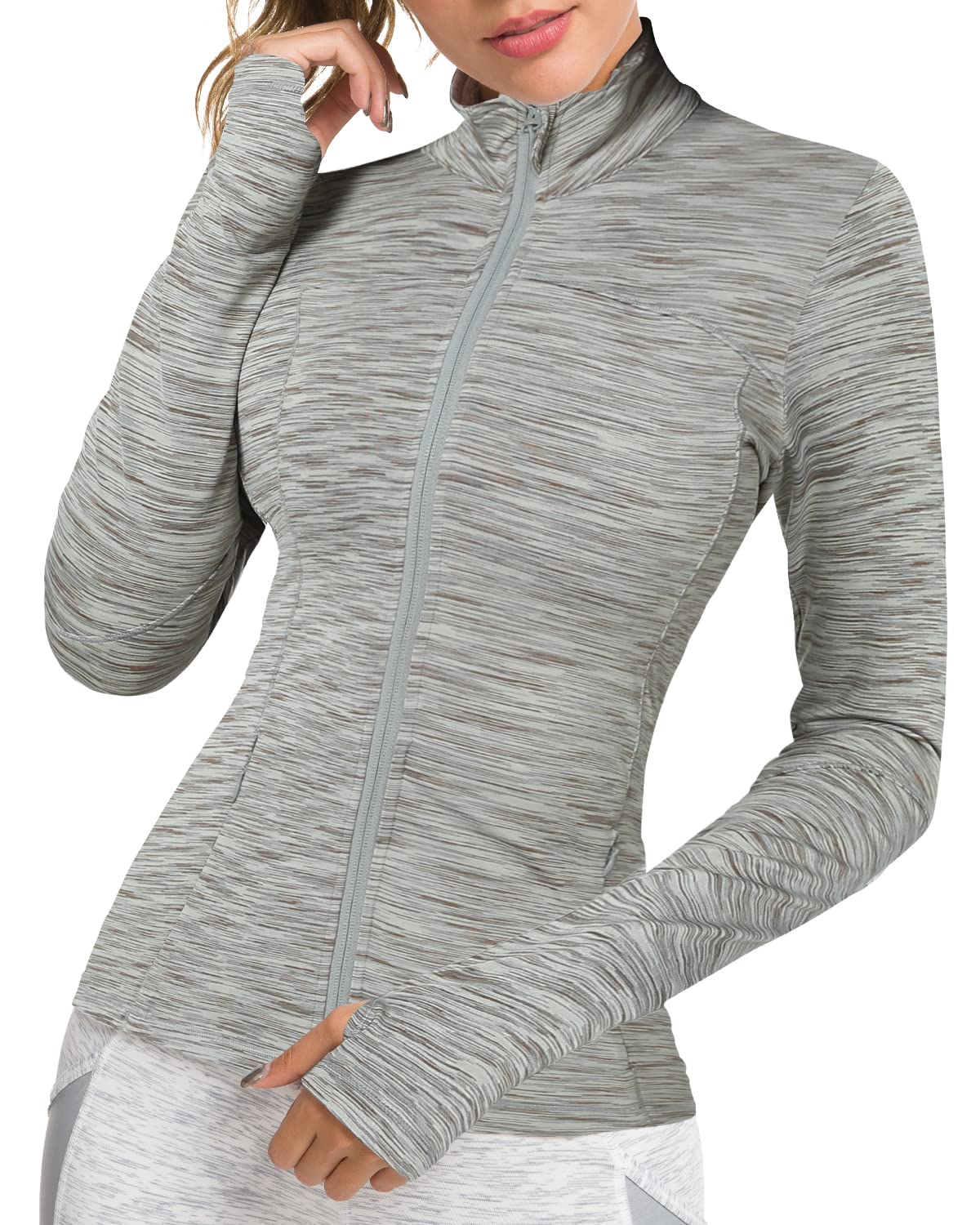 GYM RAINBOW Workout Jackets for Women, Full Zip Slim Fit Lightweight Athletic Running Sports Track Jacket with Pockets(2-Brown Space Dye,Medium)