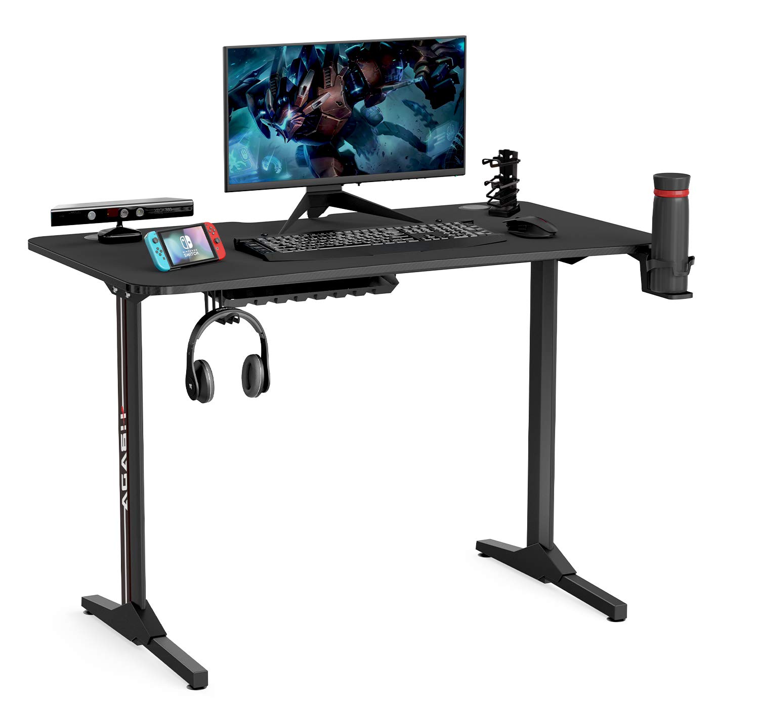 Hbada Gaming Desk 43.7 in Computer Desk Ergonomic Home Office Desk T-Shaped Racing Pro PC Gamer Desk with Full Cover Mousepad, Cup Holder and Headphone Hook, Black