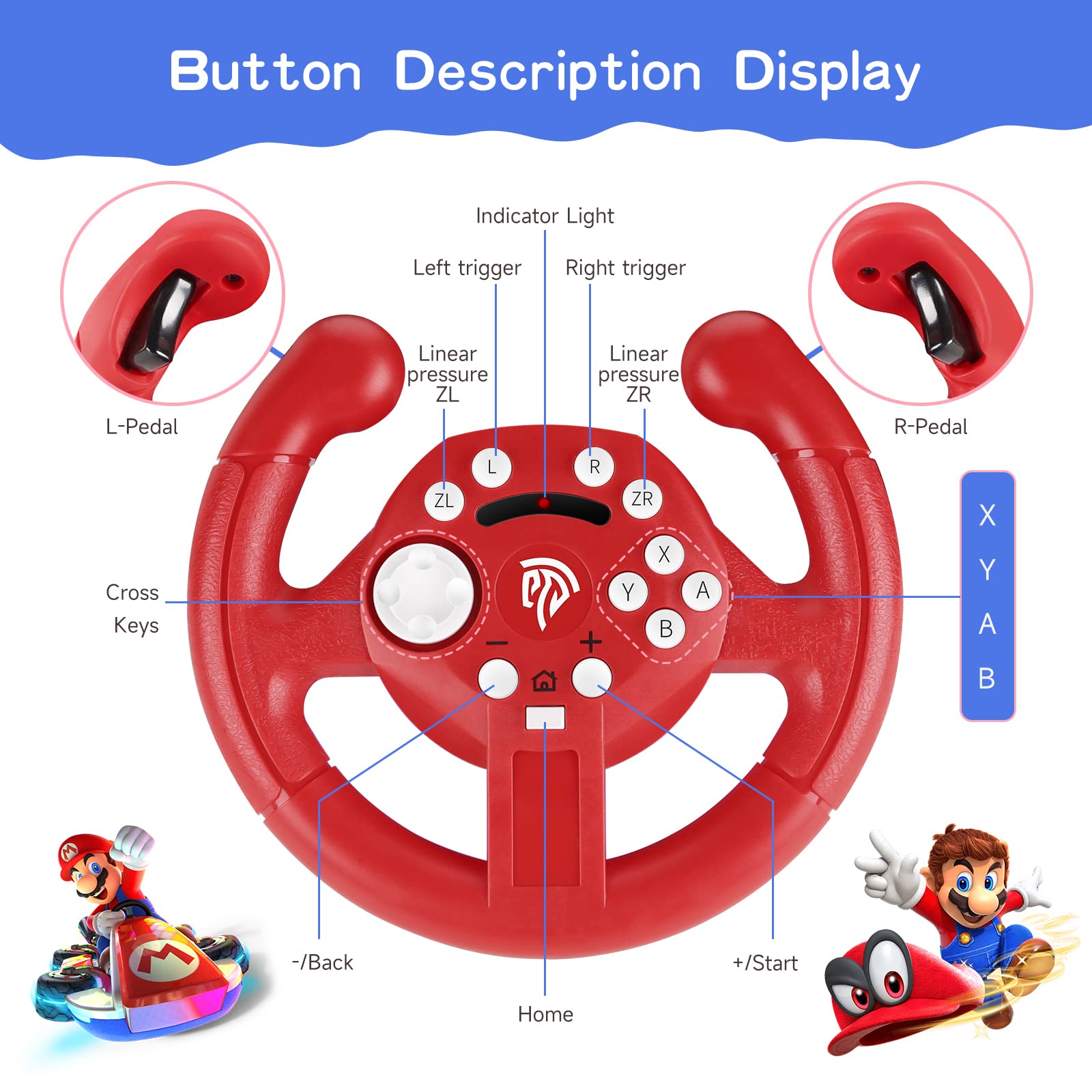 EasySMX Kirin 37C1 Gaming Steering Wheel,Nintendo Switch Mario Kart Steering Wheel, 90 Degree Racing Wheel and Linear Pedals, for Nintendo Switch/Lite/OLED/PC/PS3/Android