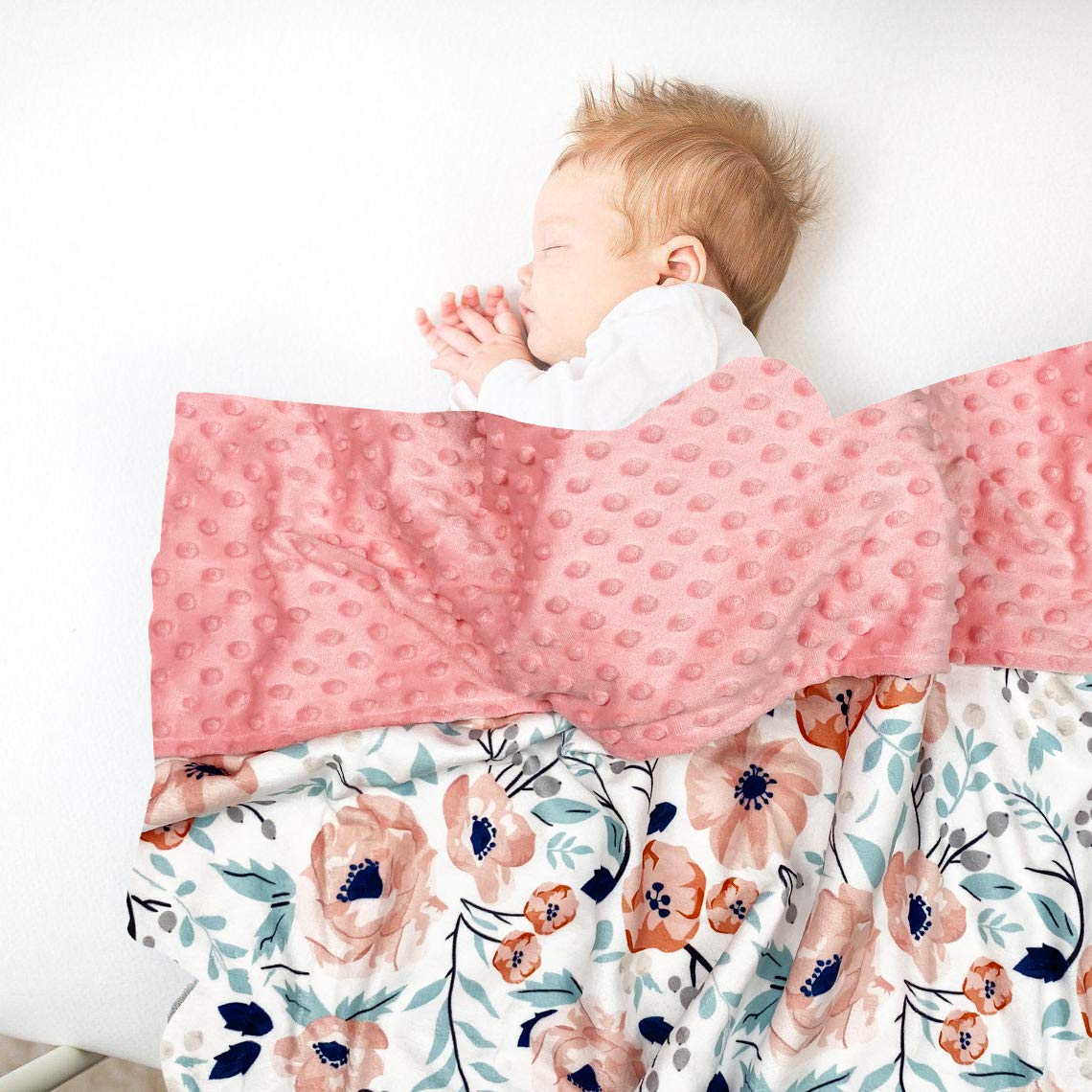 Giggle Angel Baby Plush Minky Blanket Double Layer with Dotted Backing for Baby Girl or Baby Boy (Flower Pattern)