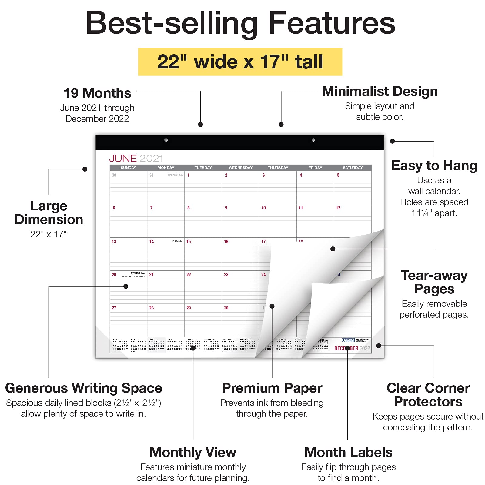 Global Printed Products Professional Desk Calendar 2022: Large Monthly Pages - 22"x17" - Runs Through December 2022 (Pack of 1)