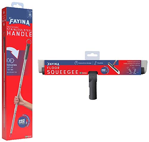 FAYINA Premium Dual-Blade Floor & Window Foam Squeegee 13.75 Inches with Stainless Steel Handle Extendable up to 56 Inches (for Smooth Surfaces)