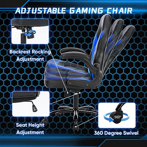 OLIXIS Ergonomic Office Computer Gaming Chair with Lumbar Support Flip-up Arms Adjustable Height PU Leather Swivel with Wheels, 25.98D x 25.39W x 41.73H, Blue