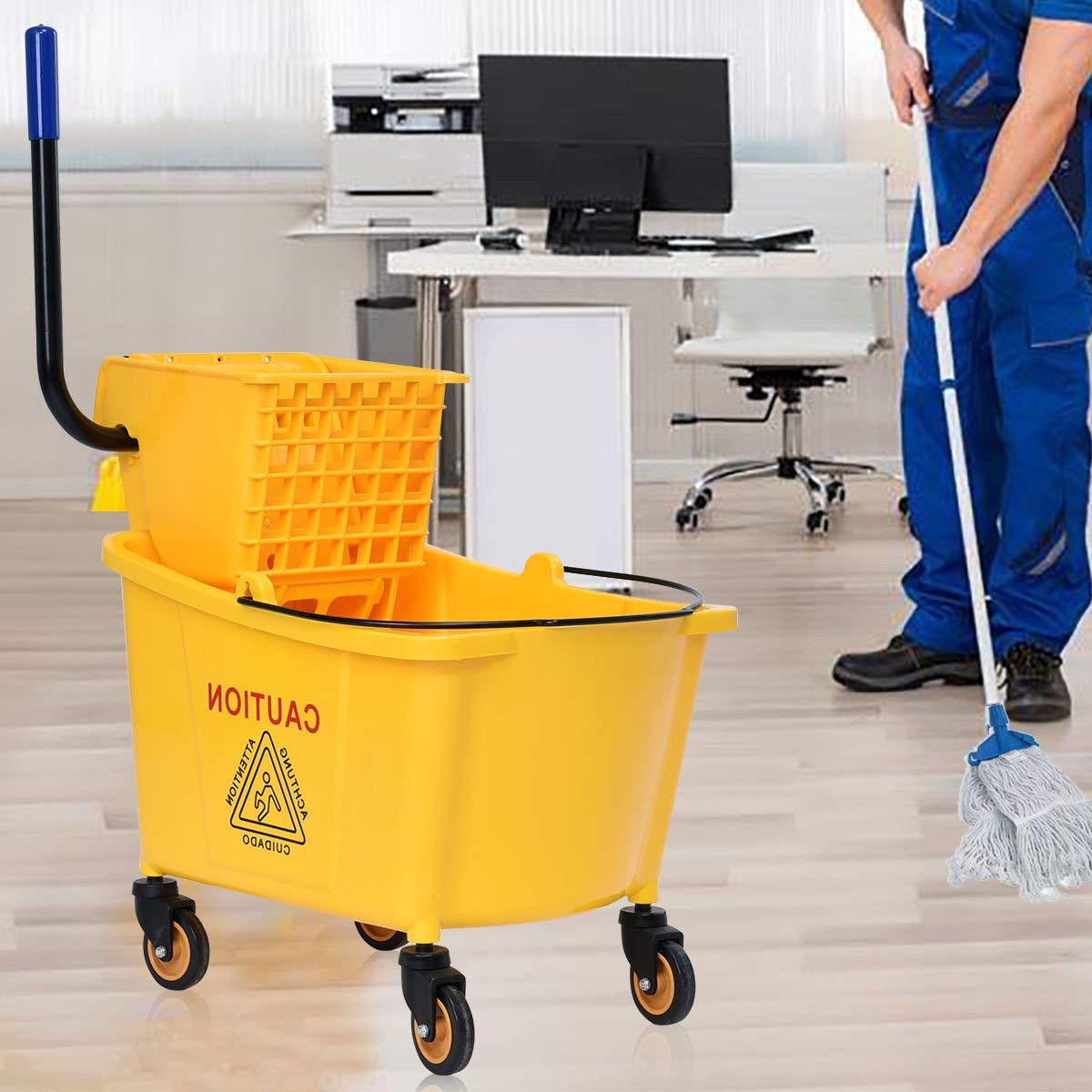 HOMGX Side Press Wringer Commercial Mop Bucket, 35 Qt Larger Capacity Cleaning Caddy with Wheels, Yellow