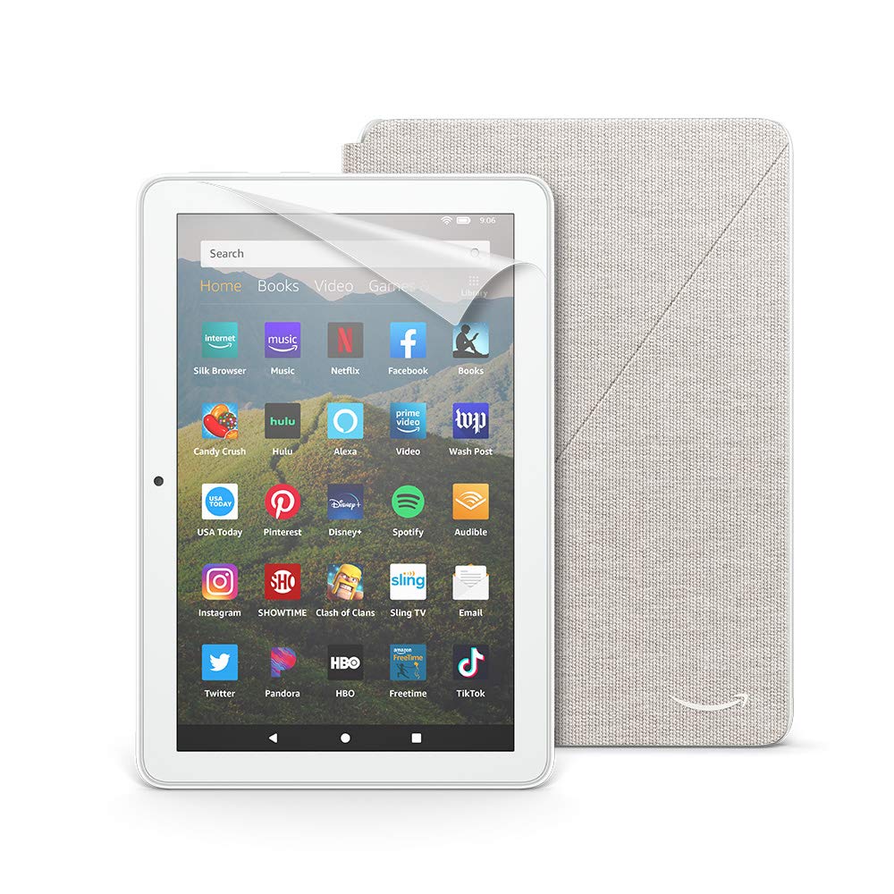 Fire HD 8 tablet, 32 GB, White + Amazon Fire HD 8 Cover, Sandstorm White + NuPro Screen Protector, 2-pack
