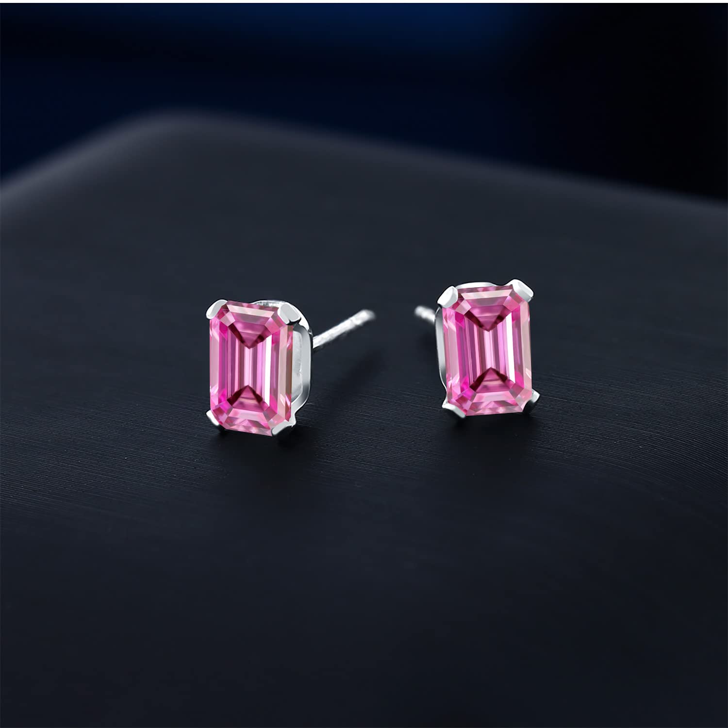 Gem Stone King 925 Sterling Silver Pink Moissanite Stud Earrings For Women (1.14 Cttw, Emerald Cut 6X4MM)