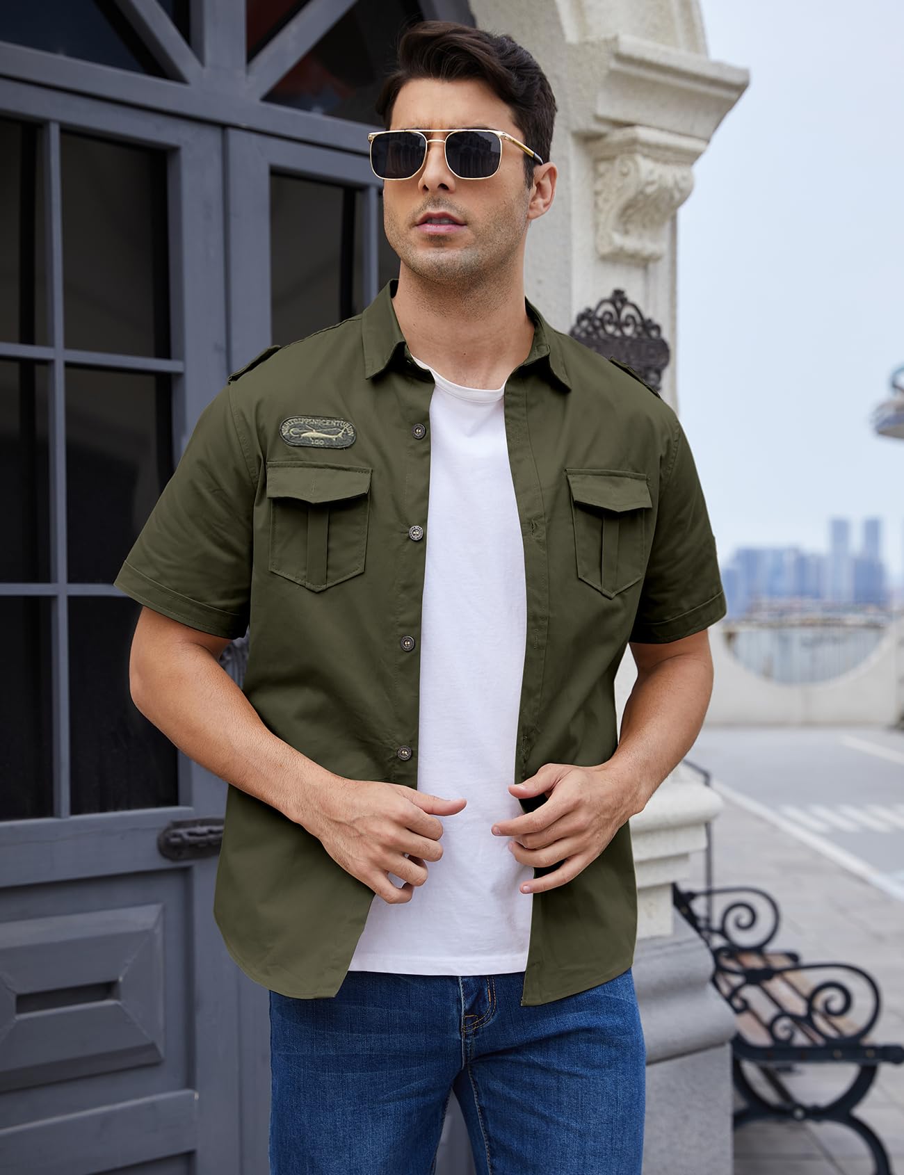 Gihuo Men Shirt Short Sleeve Military Button Down Army Tactical Shirt Utility Cargo Work Uniform Shirt Tops (Medium, Army Green)