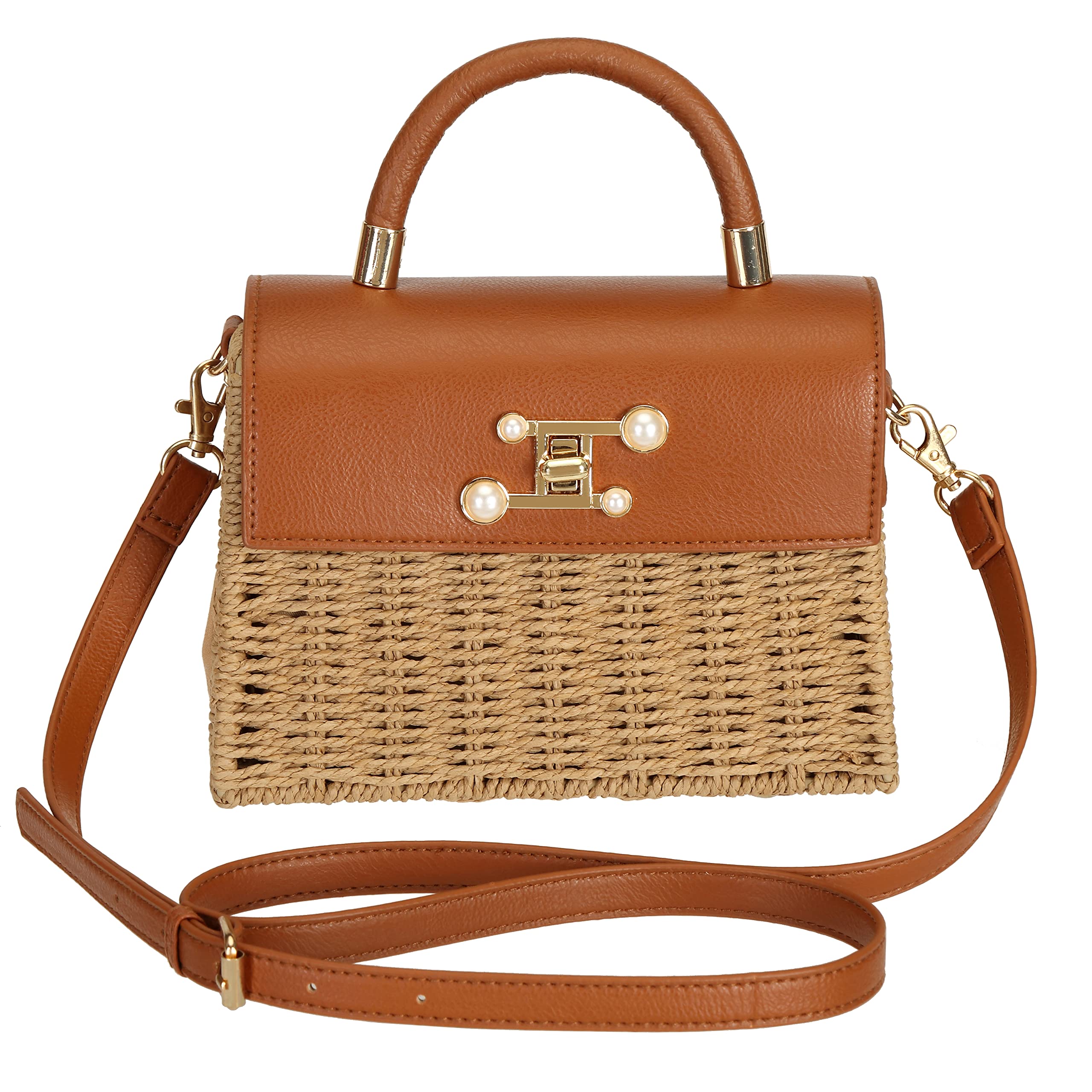 FUSMIC Women's Handbag Straw Handmade Decorative Buckle Square Rattan Weave Shoulder Bag Khaki