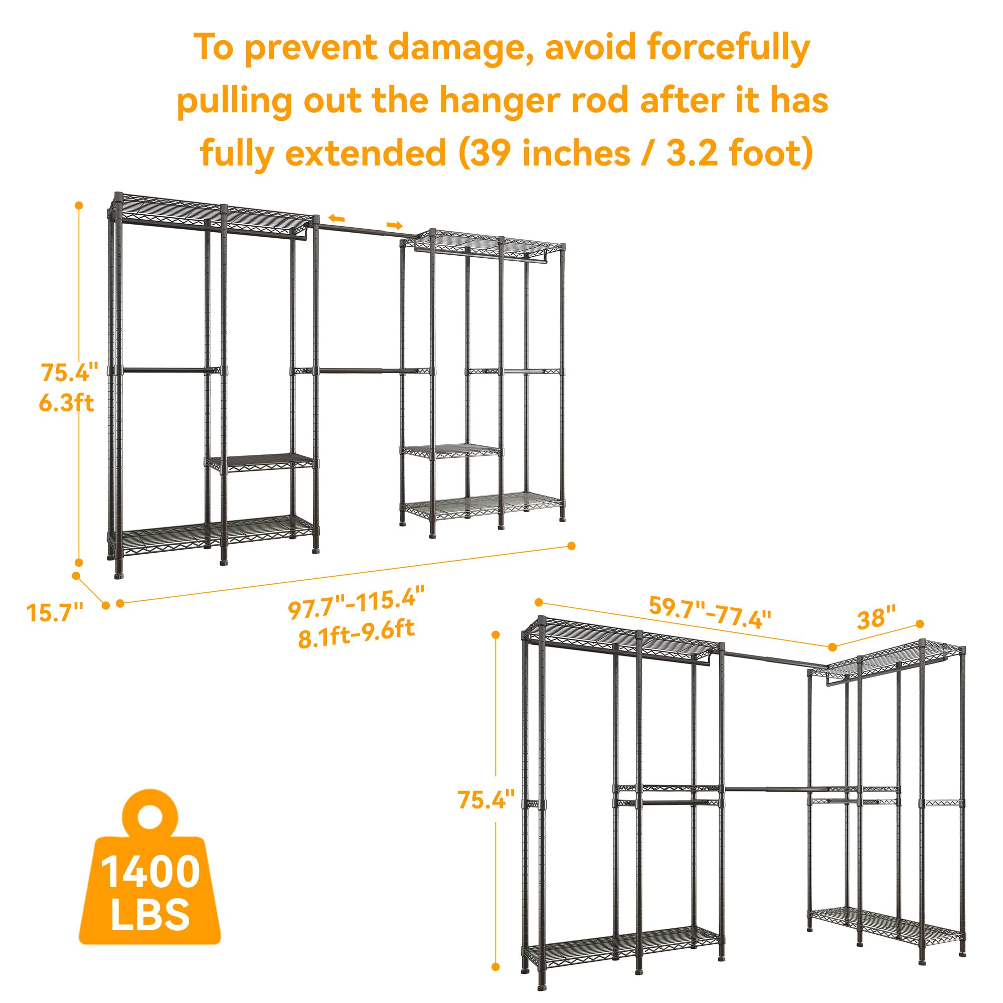 Higeego H5 Pro Heavy Duty Garment Rack, Freestanding Clothes Rack, Wardrobe Closet for Hanging Clothes, Portable Closet Organizer with Expandable Hanger Rods, (97.7-115.4")L x 15.7"W x 75.4"H, Black