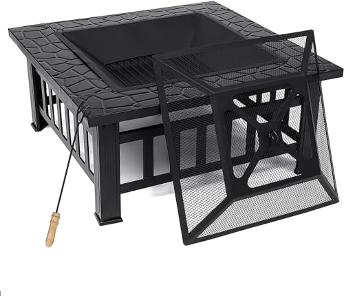 Fire Pit 32'' Wood Burning Firepit Metal Square Outdoor Fire Tables SteelFire Pit Bowl with Spark Screen Cover, Poker Log Grate for Patio Bonfire Camping Backyard Garden Picnic