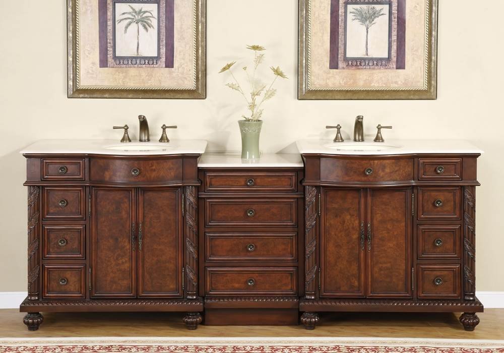 Silkroad Exclusive HYP-0213-CM-UIC-90 Double Sink Bathroom Vanity with English Chestnut Finish Bath Cabinet, 90.25", Medium Wood